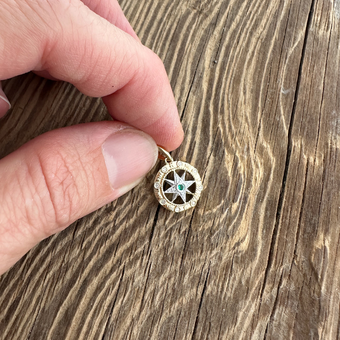 14K Y/W Gold Mini Compass Rose Pendant with Emerald and Diamonds – MFST