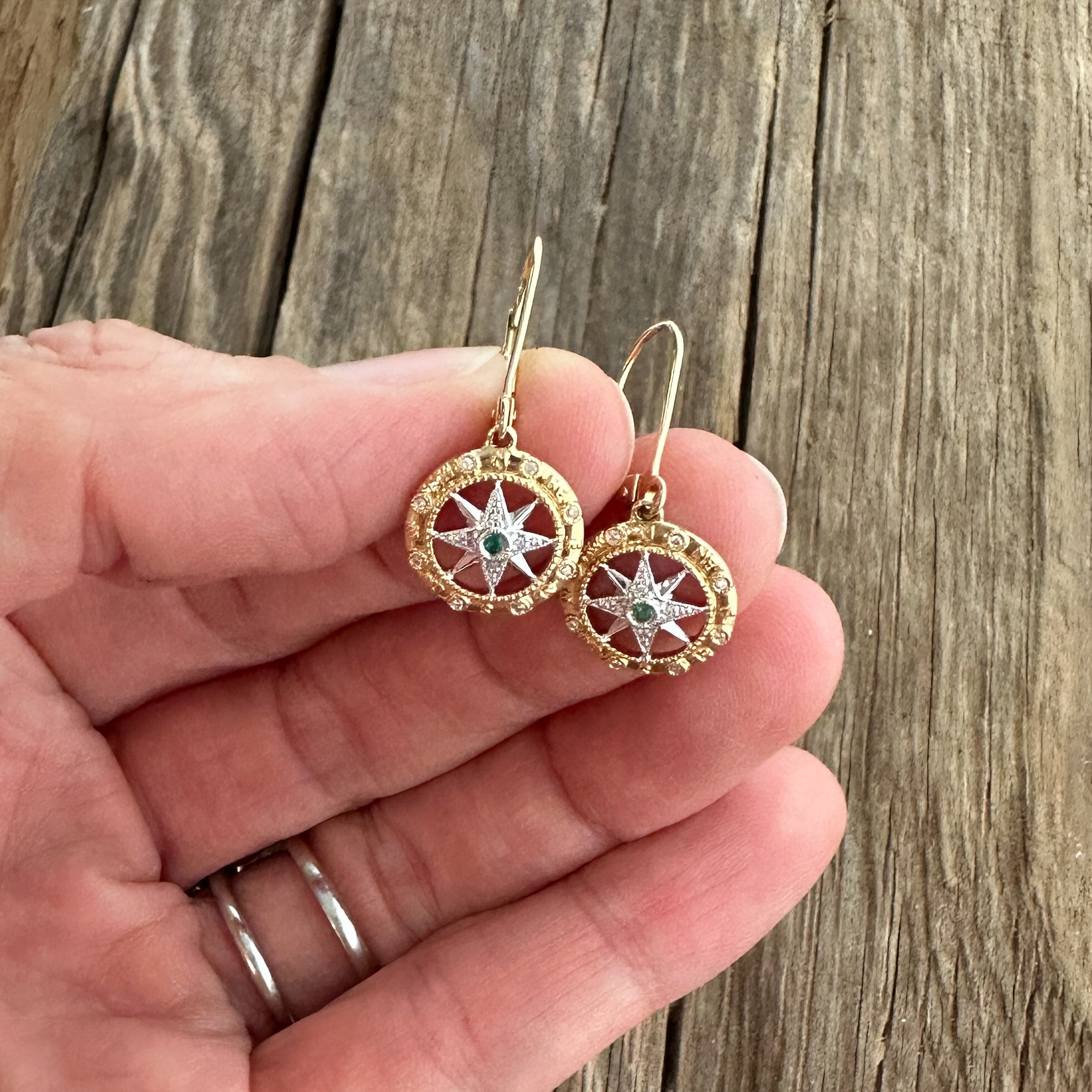 14K Gold Compass Rose Earrings with Emerald and Diamonds – MFST