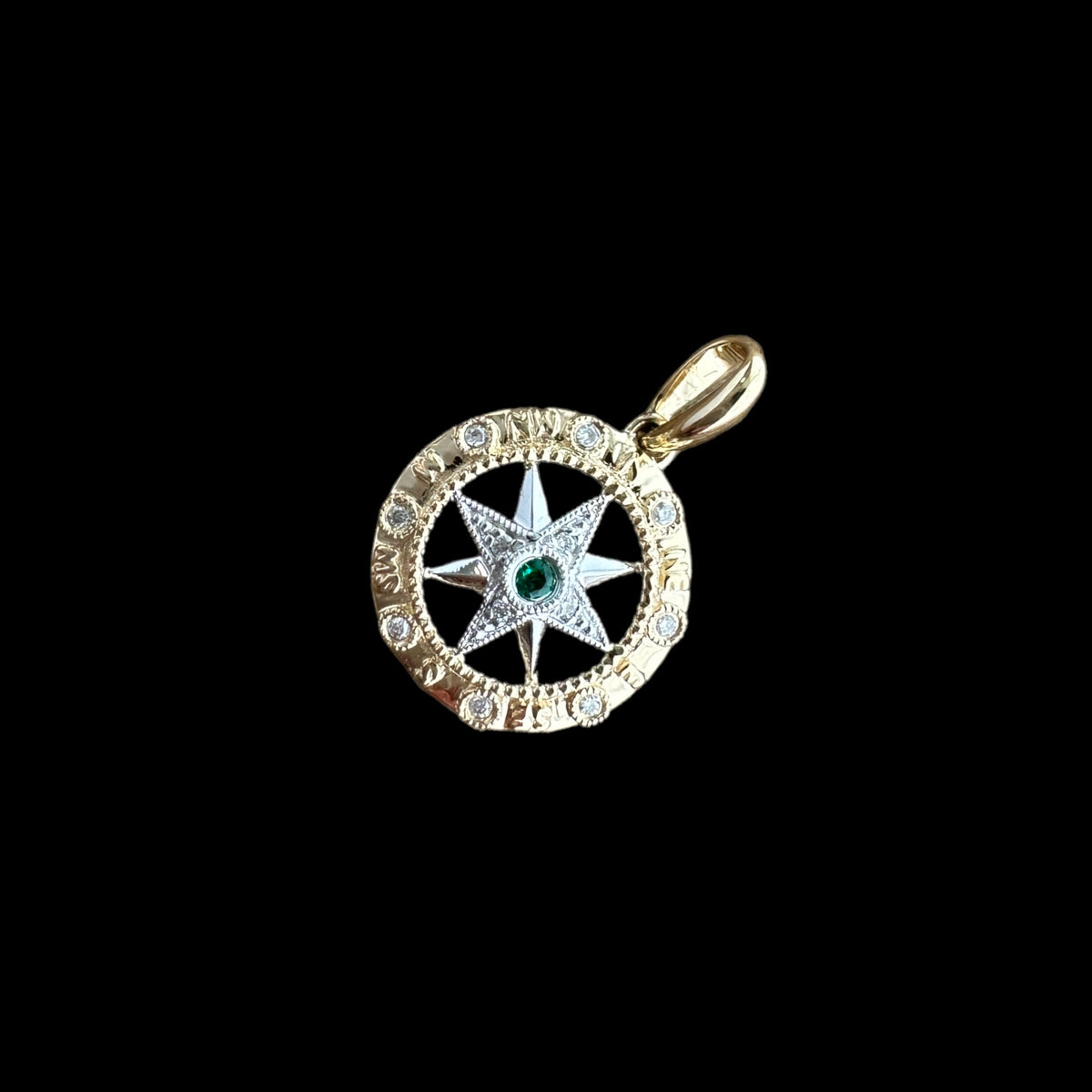 14K Y/W Gold Mini Compass Rose Pendant with Emerald and Diamonds – MFST