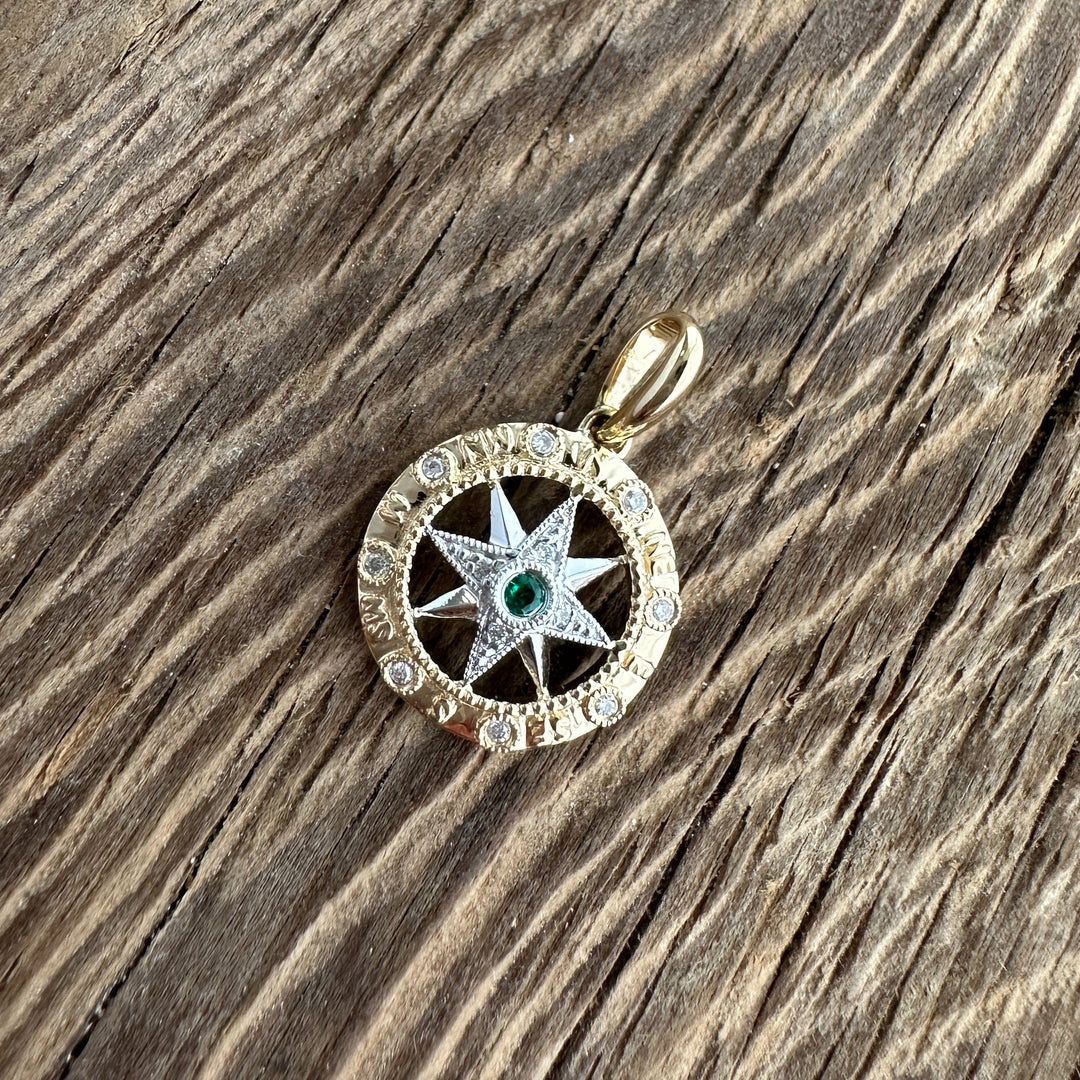 14K Y/W Gold Mini Compass Rose Pendant with Emerald and Diamonds – MFST
