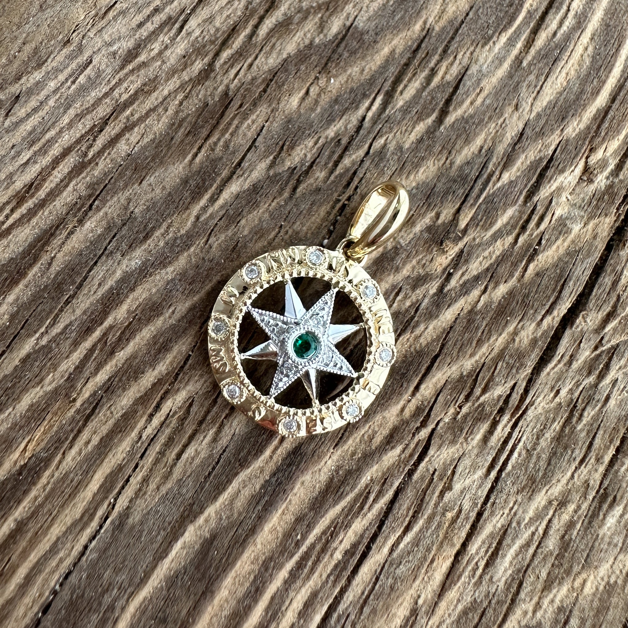 14K Y/W Gold Mini Compass Rose Pendant with Emerald and Diamonds – MFST