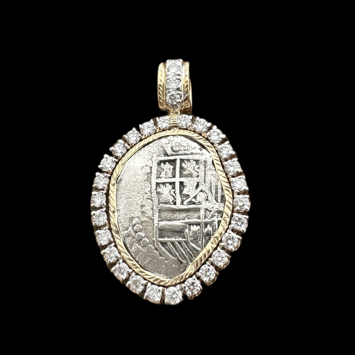 Authentic Atocha RARE Grade 2, 2 Reales in 14K Gold Diamond Mount – MFST