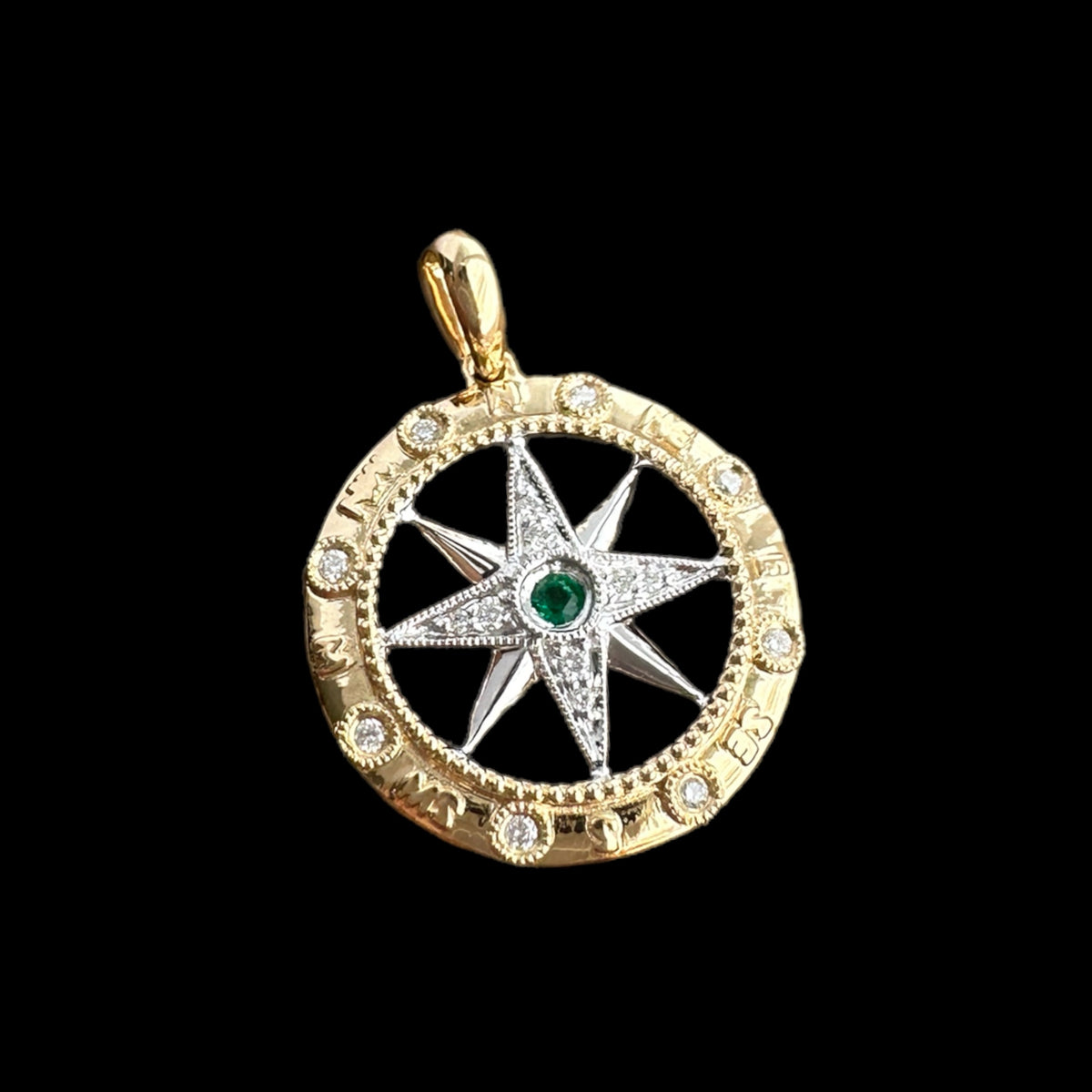 14K Gold Compass Rose Pendant with Emerald & Diamonds | Nautical ...