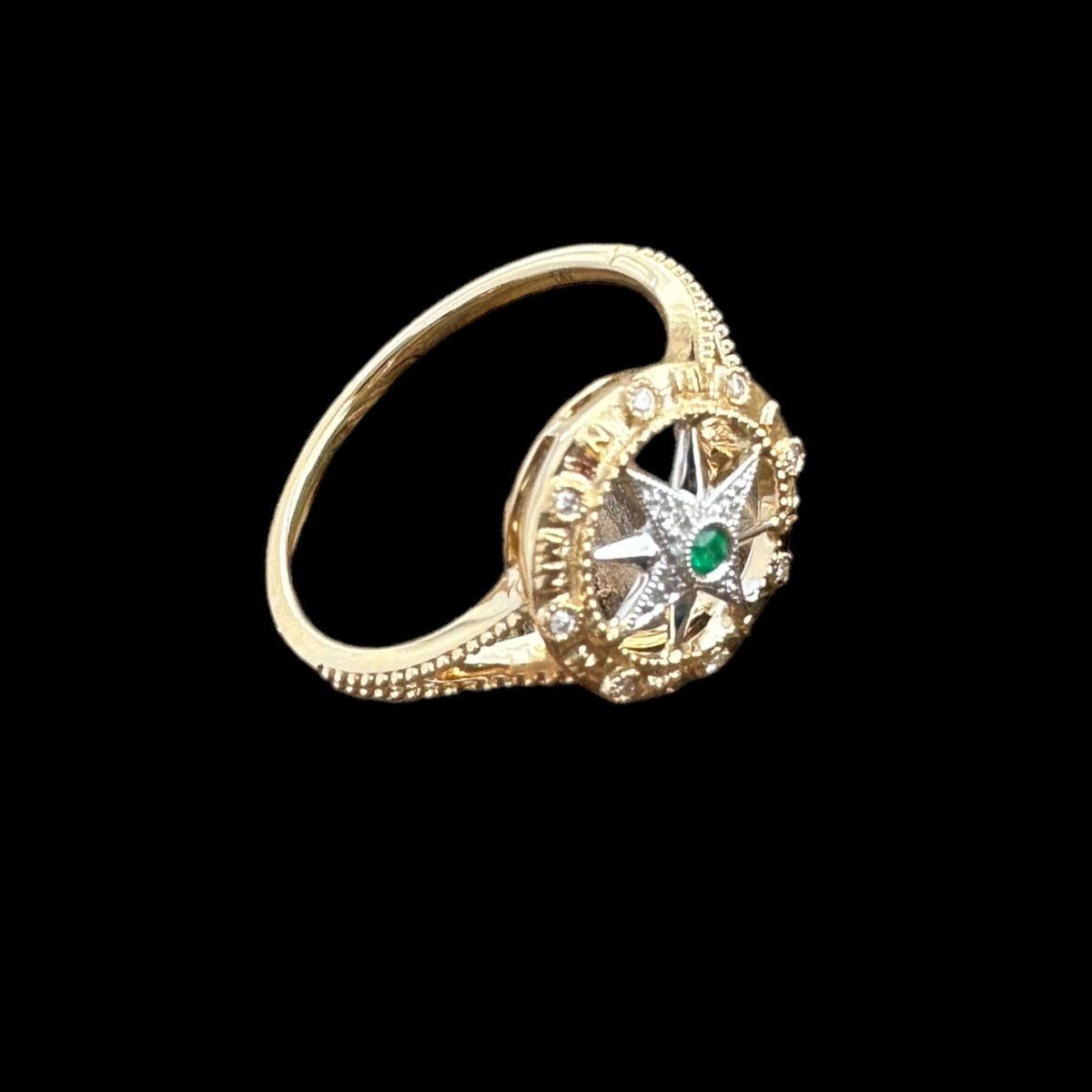 14K Y/W Gold Compass Rose Ring with Emerald and Diamonds – MFST