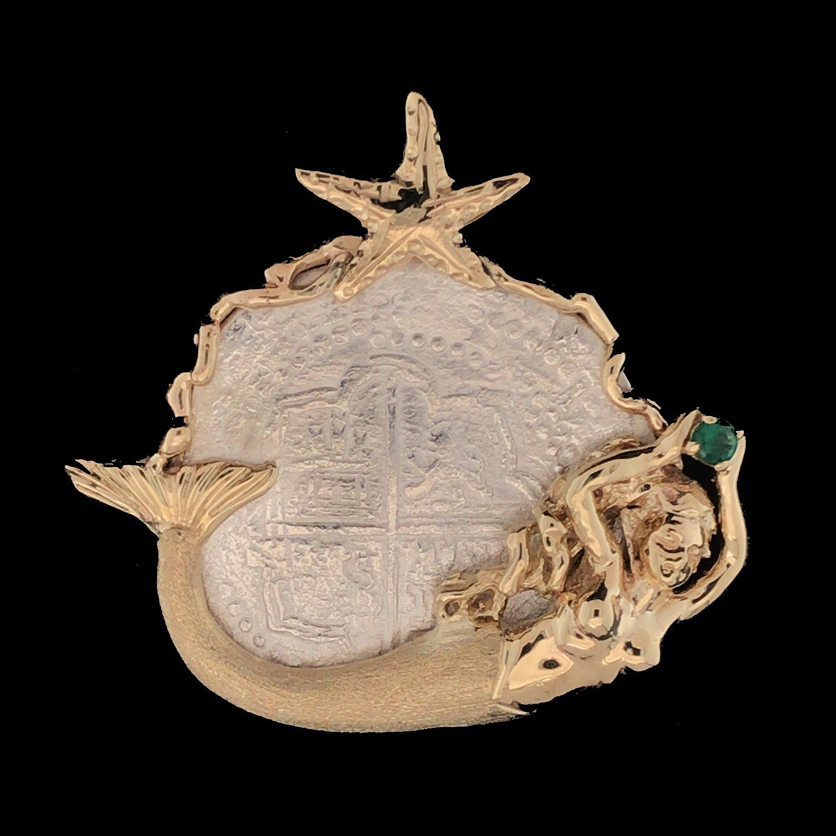 Mount Sample - 14k Bezel with Starfish, Mermaid with Emerald (coin NOT ...