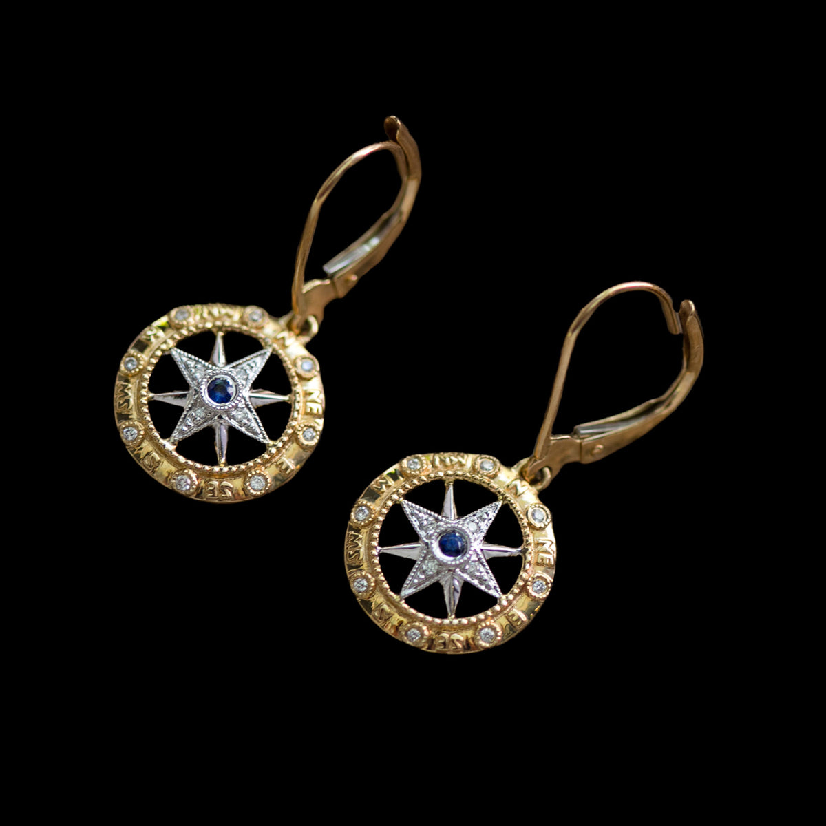 14K Gold Compass Rose Earrings with Sapphire & Diamonds | Nautical ...